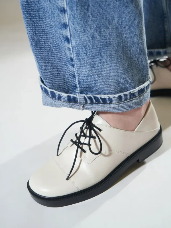 Cream Faux Leather Lace-Up Derby Shoes with Black Chunky Sole ...