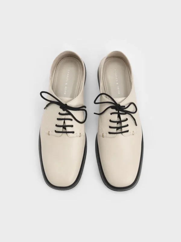 Cream Faux Leather Lace-Up Derby Shoes with Black Chunky Sole ...